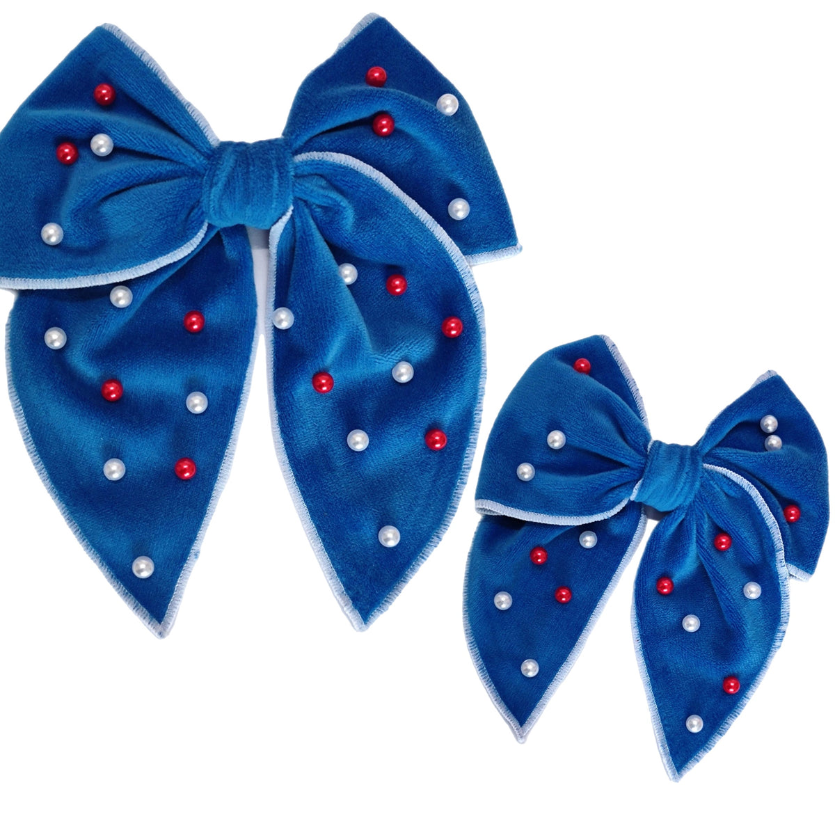 USA Blue Velvet Beaded Serged Edge Pre-Tied Fabric Bow – Marmalade Skies